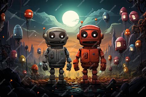Premium Ai Image Colorful Vector Art Of A Pair Of Mismatched Robots Ai Generated
