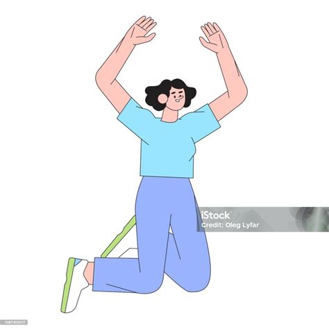 기쁨 재미에서 점프하는 행복한 여성 캐릭터 성공과 성취를 축하하는 흥분한 젊은 여자 긍정적인 에너지를 가진 자유로운 활동적인 여성 경력 교육 또는 개인적 성공에 대한