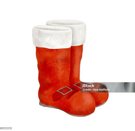 수채화 크리스마스 부츠 일러스트레이션 흰색 배경에 고립 된 빨간 산타 신발을 손으로 그렸습니다 겨울 축제 재미있는 발 착용 카드 인쇄 디자인 가공의 인물에 대한 스톡 벡터