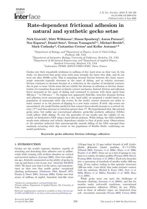 Pdf Rate Dependent Frictional Adhesion In Natural And Synthetic Gecko