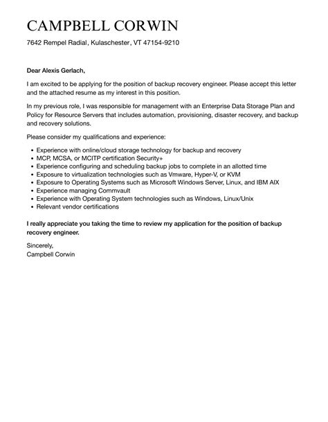 Backup Recovery Engineer Cover Letter Velvet Jobs