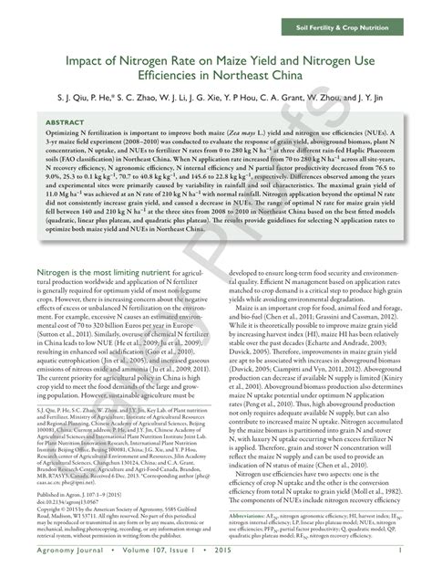 Pdf Impact Of Nitrogen Rate On Maize Yield And Nitrogen Use Efficiencies In Northeast China