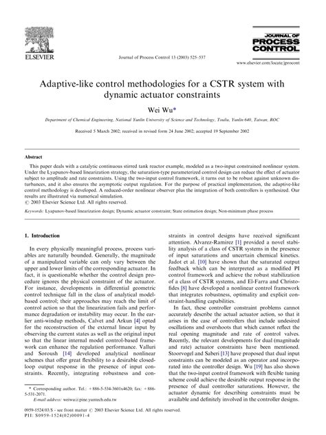 Pdf Adaptive Like Control Methodologies For A Cstr System With