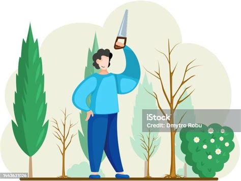 손으로 톱질하는 남자 뒤뜰에서 덤불이나 나무로 일하는 전문 정원 노동자 군사적 침략에 대한 스톡 벡터 아트 및 기타 이미지 군사적 침략 나무 남성 Istock