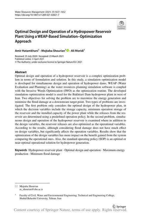 Optimal Design And Operation Of A Hydropower Reservoir Plant Using A