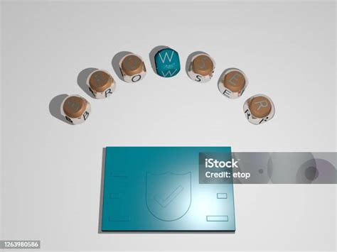 개념 의미와 슬라이드 쇼 프리젠 테이션을위해 거울 바닥에 금속 입방 문자로 정렬 된 벽과 텍스트에 아이콘브라우저의 3d 표현 일러스트 및 컴퓨터 개념에 대한 스톡 사진 및