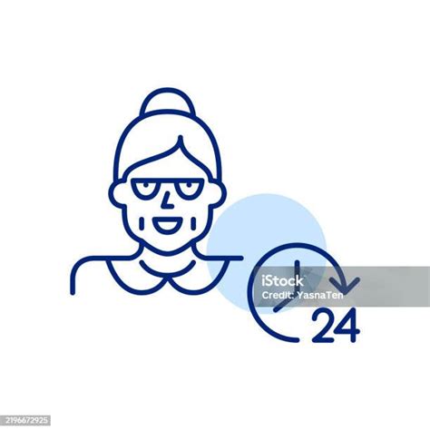 안경을 쓰고 24시간 시계를 하는 노인 여성 끝없는 간병 보육원 또는 가족 간호 완벽한 픽셀 편집 가능한 획 아이콘 24 시간 영업 표시에 대한 스톡 벡터 아트 및 기타
