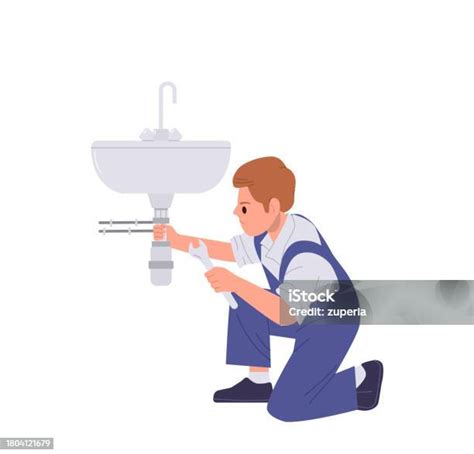 핸디 만화 캐릭터 집 욕실이나 부엌에서 렌치로 깨진 싱크 파이프를 고치는 연관공에 대한 스톡 벡터 아트 및 기타 이미지 연관공 부엌 가정의 방 Istock