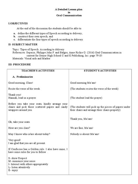 Lesson Plan For Oral Communication Pdf Lesson Plan Behavior