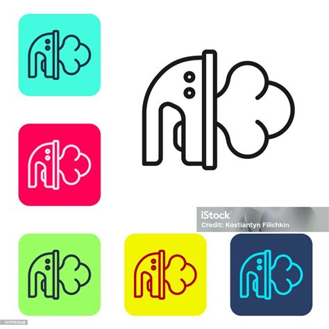 흰색 배경에 격리 된 검은 줄 전기 철 아이콘 스팀 아이언 색상 정사각형 단추로 아이콘을 설정합니다 벡터 3차원 형태에 대한 스톡 벡터 아트 및 기타 이미지 Istock