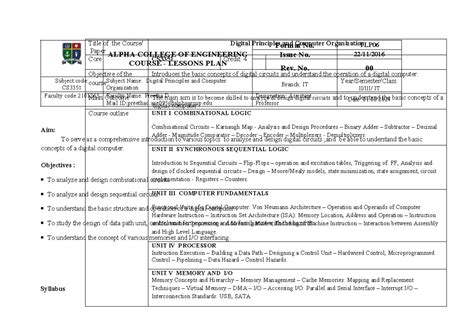 Dpco Cs3351 Lesson Plan Digital Principles And Computer Fundamentals