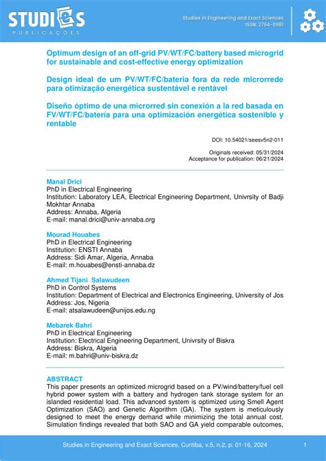Pdf Optimum Design Of An Off Grid Pv Wt Fc Battery Based Microgrid For Sustainable And Cost