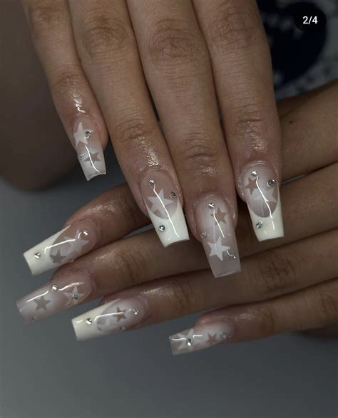 Star French Tip Gem Nails Simple Nails Gel Nails Coffin Shape Nails