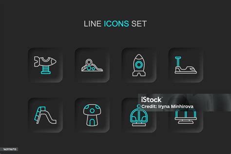 세트 라인 어트랙션 회전목마 버섯 집 슬라이드 놀이터 범퍼 로켓 우주선 장난감 및 스윙 비행기 아이콘 벡터 Launch Party에 대한 스톡 벡터 아트 및 기타 이미지