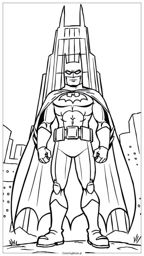 배트맨이 높은 건물 앞에 서 있는 모습 색칠하기 페이지 무료 Pdfandpng 인쇄 가능