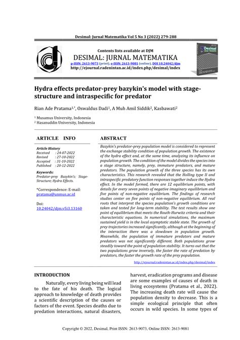 Pdf Hydra Effects Predator Prey Bazykins Model With Stage Structure And Intraspecific For