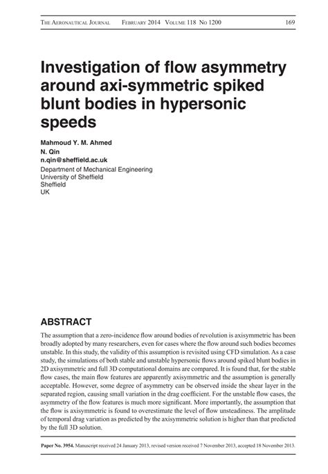 Pdf Investigation Of Flow Asymmetry Around Axi Symmetric Spiked Blunt Bodies In Hypersonic Speeds