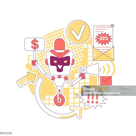 스팸 봇 씬 라인 컨셉 벡터 일러스트레이션 원치 않는 광고 뉴스 레터 웹 디자인에 대한 나쁜 Ai 로봇 2d 만화 캐릭터 광고 메일 자동 전송 소프트웨어 크리에이티브