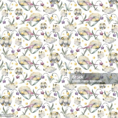 수채화 손으로 그린 그림 마법의 별 꽃밭에 있는 귀여운 봉제 아기 양 원활한 패턴 흰색 배경에 격리되어 있습니다 아이를 위해