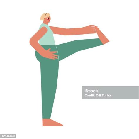 플랫 여성 캐릭터가 있는 벡터 일러스트레이션입니다 스포티한 여성은 스트레칭 자세를 배우고 요가 수업에서 엄지 발가락 포즈까지 손을 뻗습니다 균형 운동 우티타 하스타 파당구스