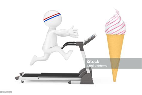 피트니스 개념입니다 사람 러너는 러닝머신을 따라 달리고 와플 바삭한 아이스크림 콘에 소프트 아이스크림을 제공합니다 3d 렌더링 근육질 체격에 대한 스톡 사진 및 기타 이미지
