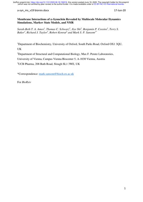 Pdf Membrane Interactions Of α Synuclein Revealed By Multiscale Molecular Dynamics Simulations