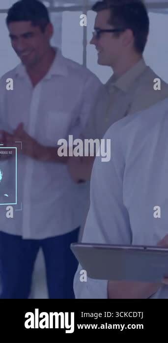 Animation Of Biometric Photos And Data Over Diverse Businesspeople In Office Global Business