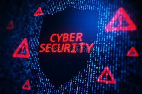 Cybersecurity Digital Concept With Glowing Red Warning Symbols And Binary Code On A Dark Blue