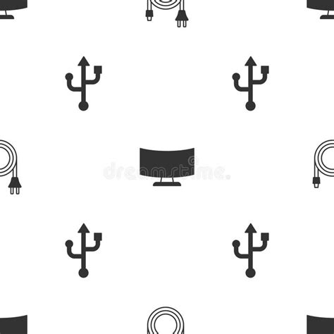 Set Electric Plug Computer Monitor Screen And Usb On Seamless Pattern