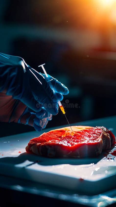 A Person In Blue Gloves Is Injecting Meat Into A Steak Stock Photo Image Of Food Blood