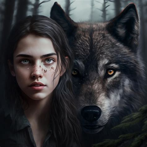 A Girl And Wolf Are In The Woods With The Wolf On The Background