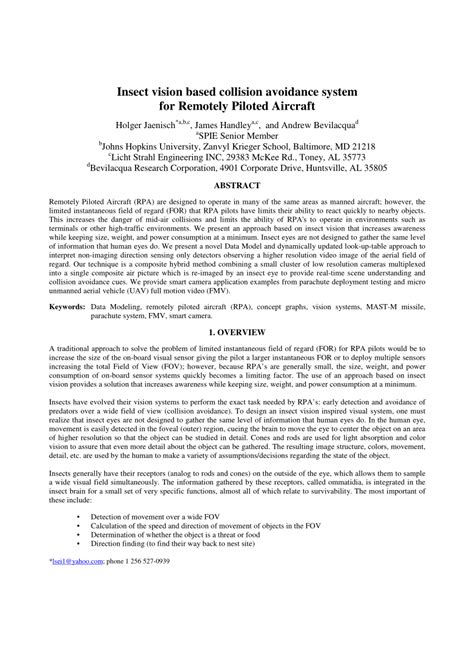 Pdf Insect Vision Based Collision Avoidance System For Remotely