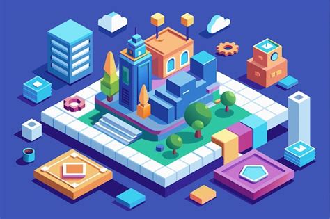 A Vibrant Isometric Cityscape Showcases Buildings Trees And Colorful Components In A Creative