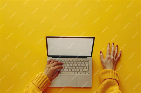 Woman Hands Typing On Laptop Keyboard Over Yellow Background With Copy Space Premium Ai