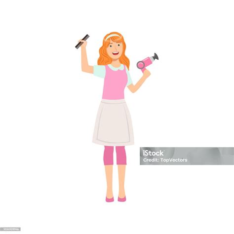 드라이어와 빗 행복 한 사람들 및 그들의 직업 컬렉션 벡터 문자 부분의 여자 미용사 대표하는에 대한 스톡 벡터 아트 및 기타 이미지 대표하는 드레스 만화 Istock