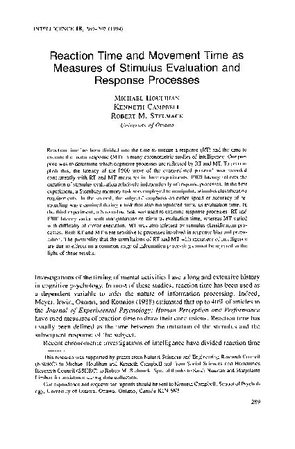 Pdf Reaction Time And Movement Time As Measures Of Stimulus