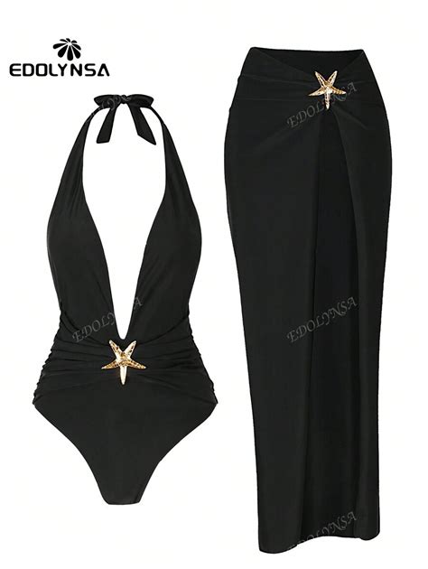 Swim Summer Beach Packs Starfish One Piece Swimsuit Bustle High Split Long Skirt Pcs Set