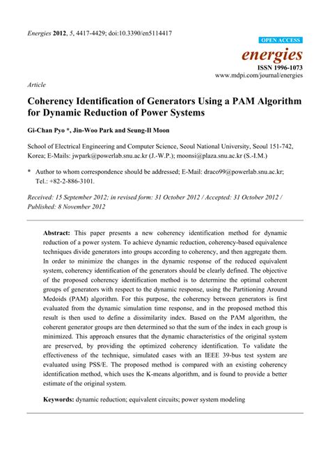 Pdf Coherency Identification Of Generators Using A Pam Algorithm For Dynamic Reduction Of