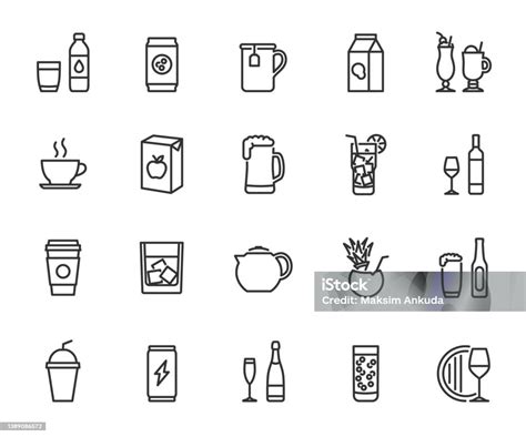 음료 라인 아이콘의 벡터 집합입니다 아이콘 물 주스 우유 소다 칵테일 에너지 드링크 밀크 쉐이크 커피 등이 들어 있습니다 픽셀