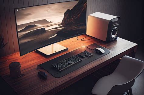 A Minimalist Desk With A Sleek And Powerful Gaming Pc And An Ergonomic Keyboard And Mouse Stock