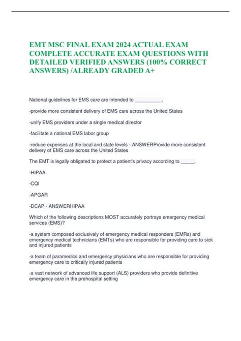 Emt Msc Final Exam 2024 Actual Exam Complete Accurate Exam Questions With Detailed Verified