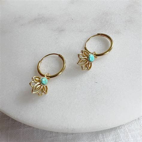 Lotus Flower Turquoise Huggie Hoops Gold Vermeil By Clover And Swift