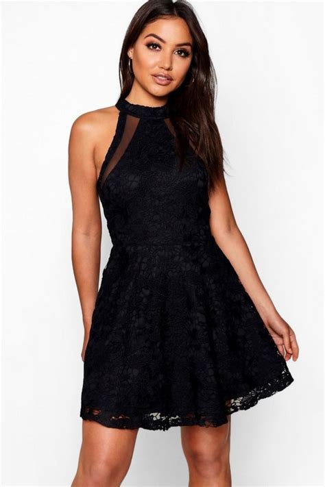 Lace High Neck Skater Dress Boohoo