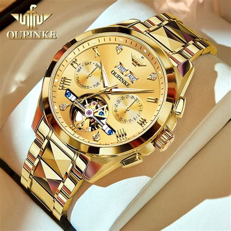 Oupinke Gold Automatic Mens Watch Luxury Diamond Skeleton Sapphire
