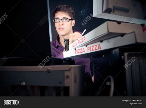 Nerd Sitting Front His Computers Image Photo Bigstock