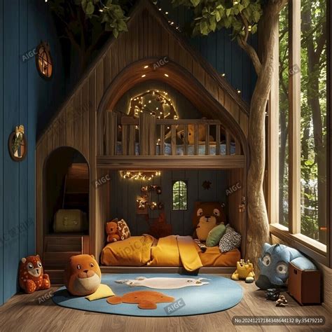 Ai创作图独栋别墅儿童房 森林儿童房背景墙 童话森林主题场景 童趣卧室场景 童趣木屋 童趣室内效果图 儿童之家设计 室内儿插 高端儿童房 现代儿童娱乐区 森系场景舒适环境 整木家装男孩房 儿童