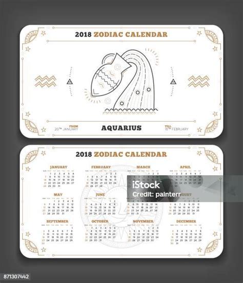 물병자리 2018 년 조디악 달력 포켓 크기 가로 레이아웃 더블 사이드 화이트 색상 디자인 스타일 벡터 개념 그림 0명에 대한 스톡 벡터 아트 및 기타 이미지 Istock