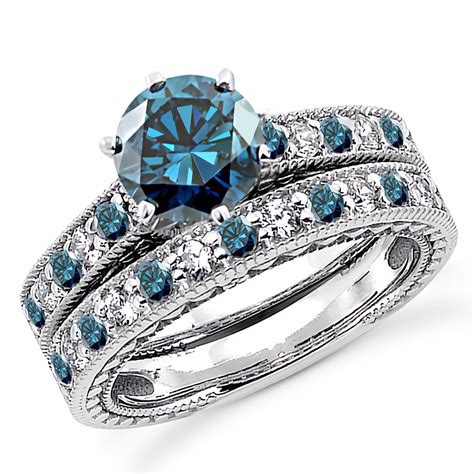 166ct Vs Blue Diamond Matching Engagement Ring Set Antique Style
