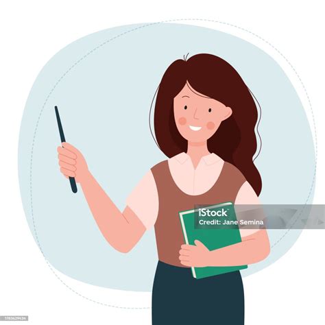 여성 교사 귀여운 여자는 포인터와 책으로 서 있습니다 학교 및 학습 개념 교사의 날 강사에 대한 스톡 벡터 아트 및 기타 이미지