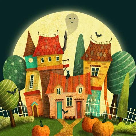 Vecchia Casa Vittoriana Con Gatti Pompini Fantasma Luna E Pipistrello
